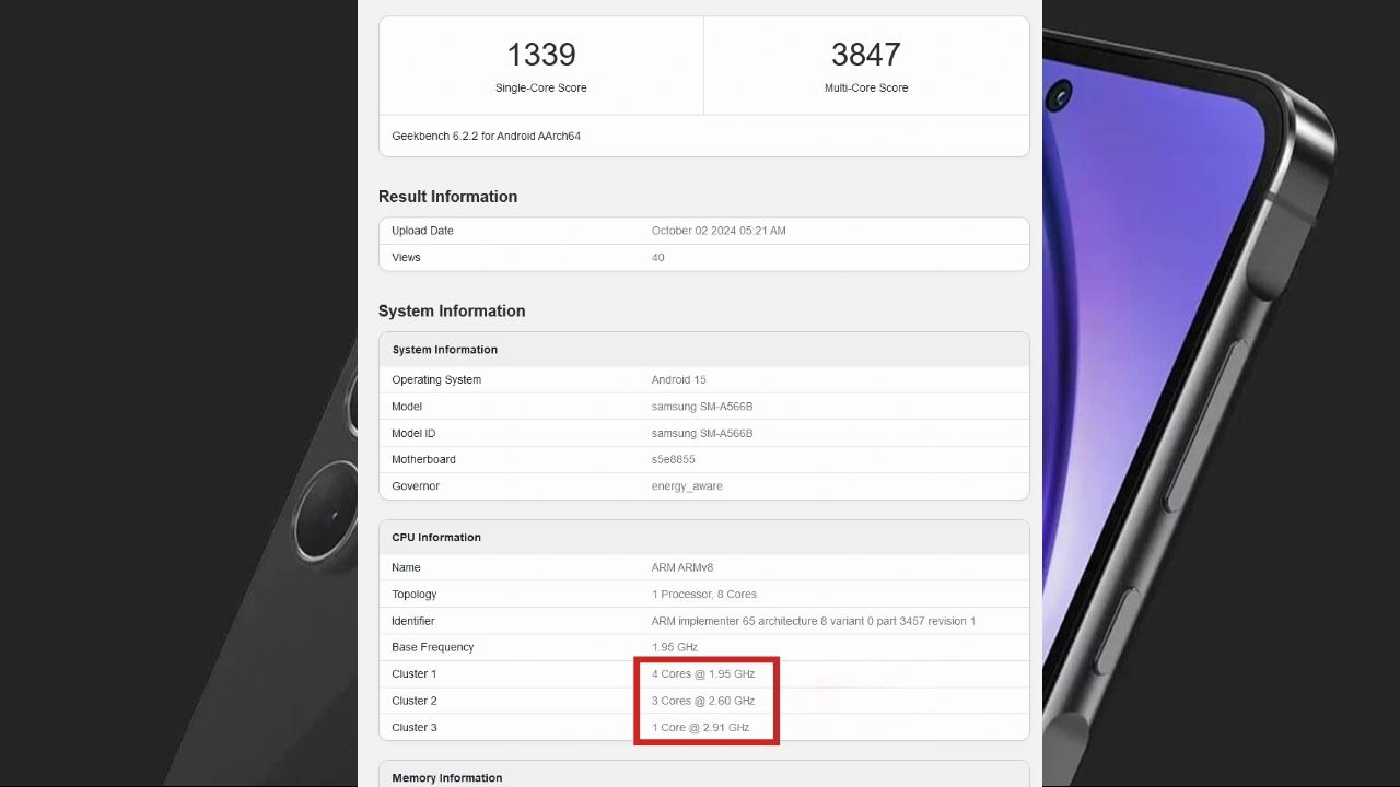 Samsung Galaxy A56 GeekBench performance test data revealed ...